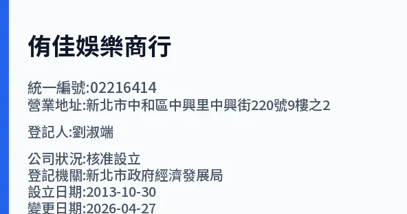 侑佳娛樂商行的照片-統編 02216414(新北市) 公司登記資料與營業項目詳細圖表