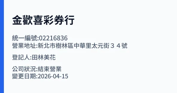 金歡喜彩券行的照片-統編 02216836(新北市) 公司登記資料與營業項目詳細圖表