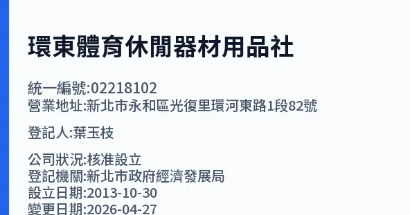 環東體育休閒器材用品社的照片-統編 02218102(新北市) 公司登記資料與營業項目詳細圖表