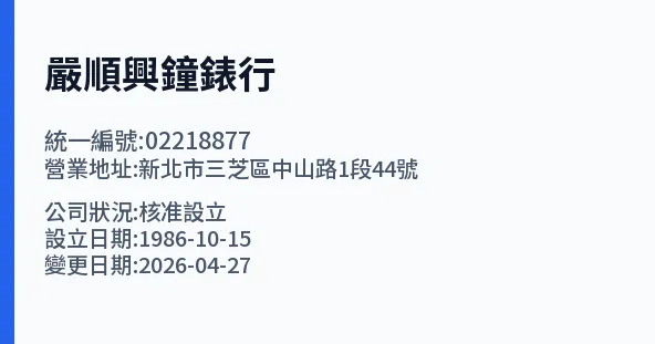 嚴順興鐘錶行的照片-統編 02218877(新北市) 公司登記資料與營業項目詳細圖表