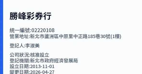 勝峰彩券行的照片-統編 02220108(新北市) 公司登記資料與營業項目詳細圖表