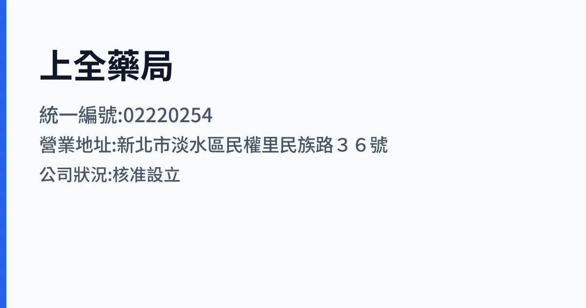 上全藥局 - 統編 02220254(新北市) 公司登記資料與營業項目詳細圖表