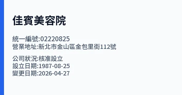 佳賓美容院的照片-統編 02220825(新北市) 公司登記資料與營業項目詳細圖表