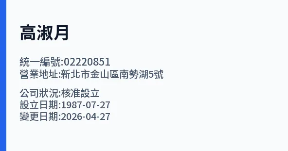 高淑月的照片-統編 02220851(新北市) 公司登記資料與營業項目詳細圖表