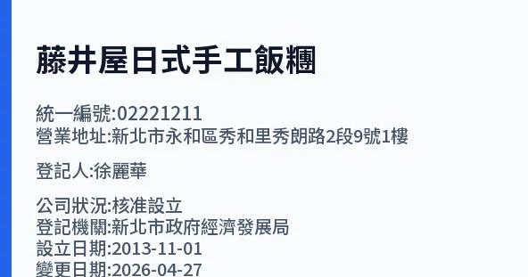 藤井屋日式手工飯糰的照片-統編 02221211(新北市) 公司登記資料與營業項目詳細圖表