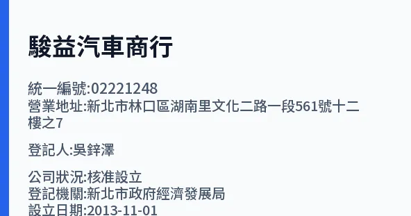 駿益汽車商行的照片-統編 02221248(新北市) 公司登記資料與營業項目詳細圖表