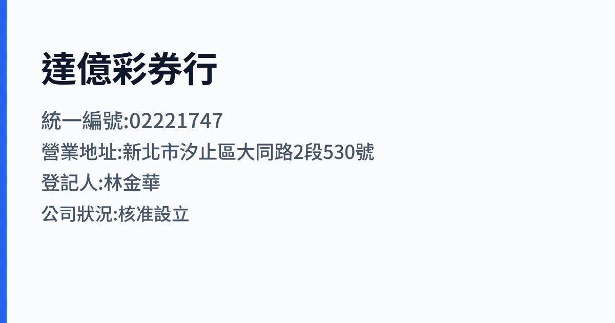 達億彩券行 - 統編 02221747(新北市) 公司登記資料與營業項目詳細圖表