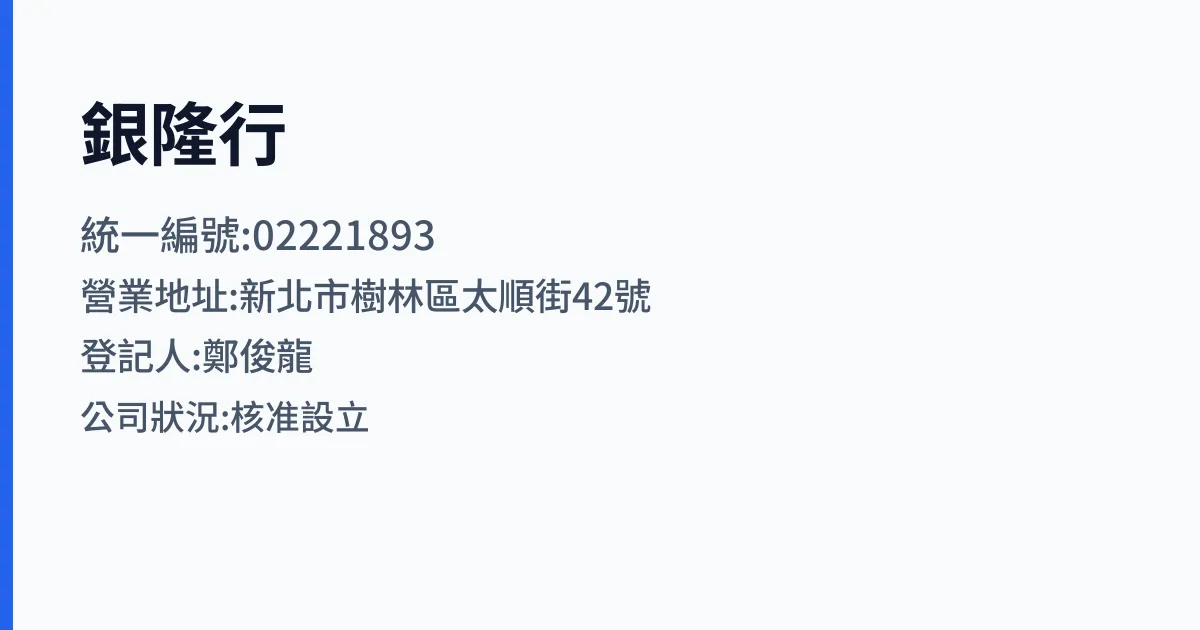 銀隆行 - 統編 02221893(新北市) 公司登記資料與營業項目詳細圖表
