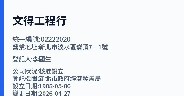 文得工程行的照片-統編 02222020(新北市) 公司登記資料與營業項目詳細圖表