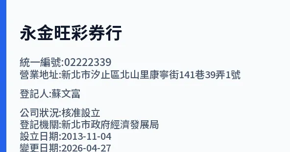 永金旺彩券行的照片-統編 02222339(新北市) 公司登記資料與營業項目詳細圖表