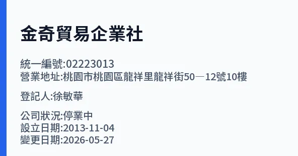 金奇貿易企業社的照片-統編 02223013(桃園市) 公司登記資料與營業項目詳細圖表
