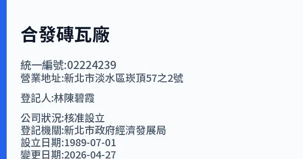 合發磚瓦廠的照片-統編 02224239(新北市) 公司登記資料與營業項目詳細圖表