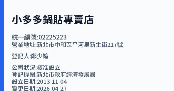 小多多鍋貼專賣店的照片-統編 02225223(新北市) 公司登記資料與營業項目詳細圖表
