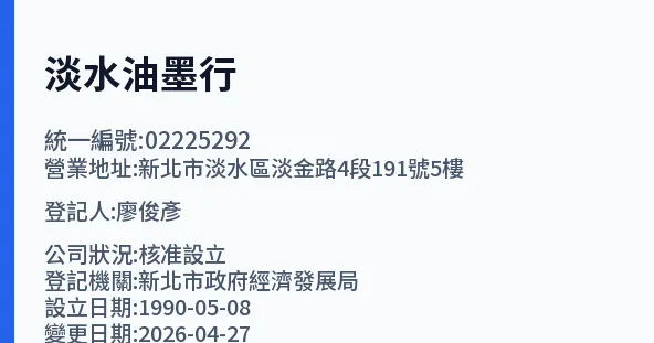 淡水油墨行的照片-統編 02225292(新北市) 公司登記資料與營業項目詳細圖表