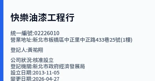 快樂油漆工程行的照片-統編 02226010(新北市) 公司登記資料與營業項目詳細圖表