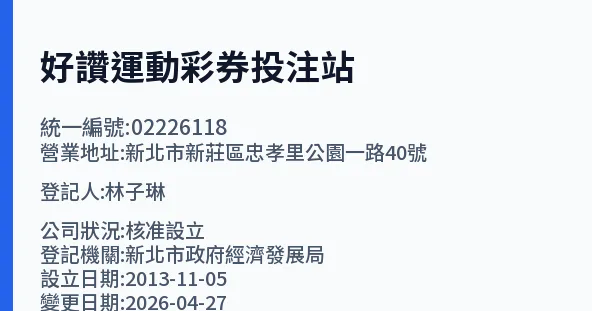 好讚運動彩券投注站的照片-統編 02226118(新北市) 公司登記資料與營業項目詳細圖表