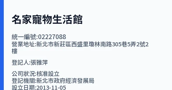 名家寵物生活館的照片-統編 02227088(新北市) 公司登記資料與營業項目詳細圖表