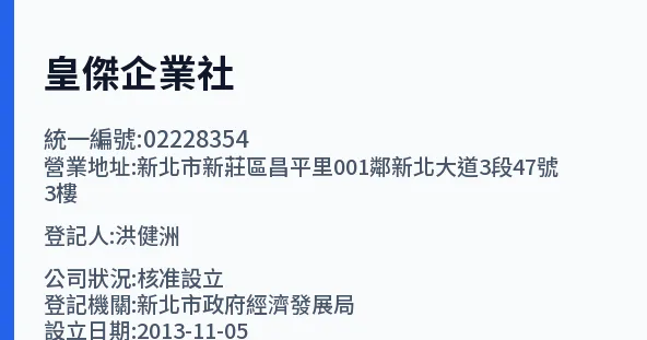 皇傑企業社的照片-統編 02228354(新北市) 公司登記資料與營業項目詳細圖表