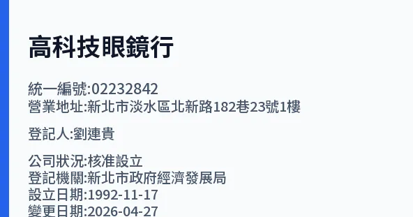 高科技眼鏡行的照片-統編 02232842(新北市) 公司登記資料與營業項目詳細圖表