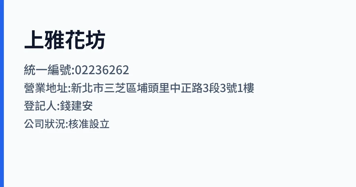 上雅花坊 - 統編 02236262(新北市) 公司登記資料與營業項目詳細圖表
