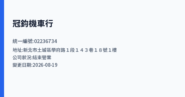 冠鈞機車行的照片-統編 02236734(新北市) 公司登記資料與營業項目詳細圖表