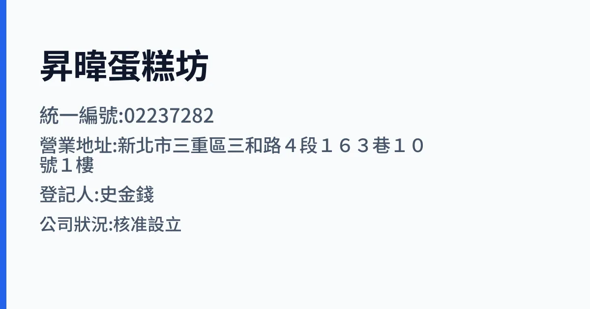昇暐蛋糕坊 - 統編 02237282(新北市) 公司登記資料與營業項目詳細圖表