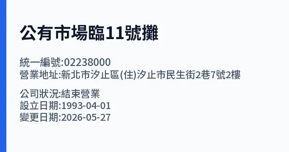 公有市場臨11號攤的照片-統編 02238000(新北市) 公司登記資料與營業項目詳細圖表