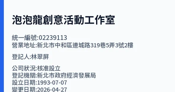 泡泡龍創意活動工作室的照片-統編 02239113(新北市) 公司登記資料與營業項目詳細圖表