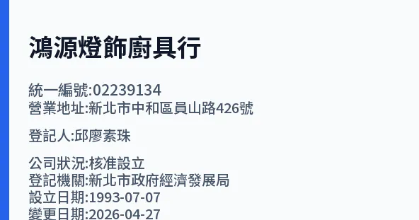 鴻源燈飾廚具行的照片-統編 02239134(新北市) 公司登記資料與營業項目詳細圖表