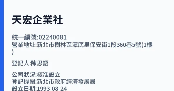 天宏企業社的照片-統編 02240081(新北市) 公司登記資料與營業項目詳細圖表