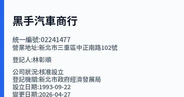 黑手汽車商行的照片-統編 02241477(新北市) 公司登記資料與營業項目詳細圖表