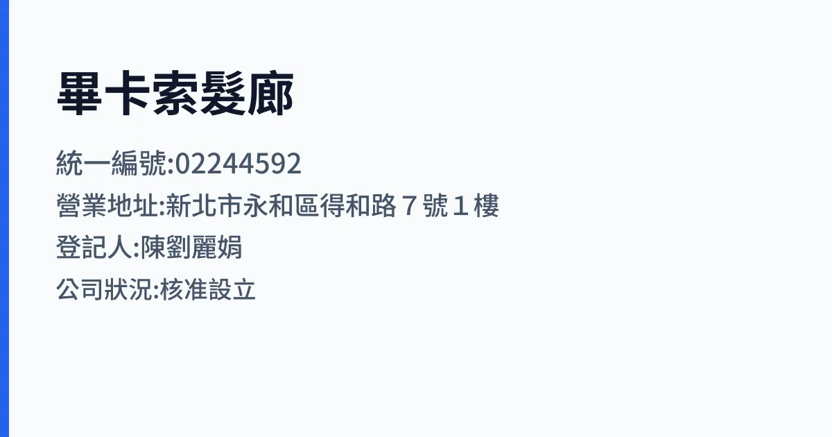 畢卡索髮廊 - 統編 02244592(新北市) 公司登記資料與營業項目詳細圖表