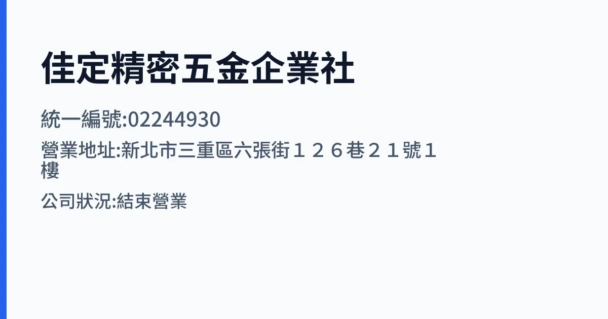 佳定精密五金企業社 - 統編 02244930(新北市) 公司登記資料與營業項目詳細圖表