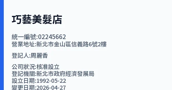巧藝美髮店的照片-統編 02245662(新北市) 公司登記資料與營業項目詳細圖表
