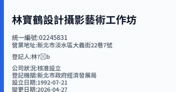 林寶鶴設計攝影藝術工作坊的照片-統編 02245831(新北市) 公司登記資料與營業項目詳細圖表