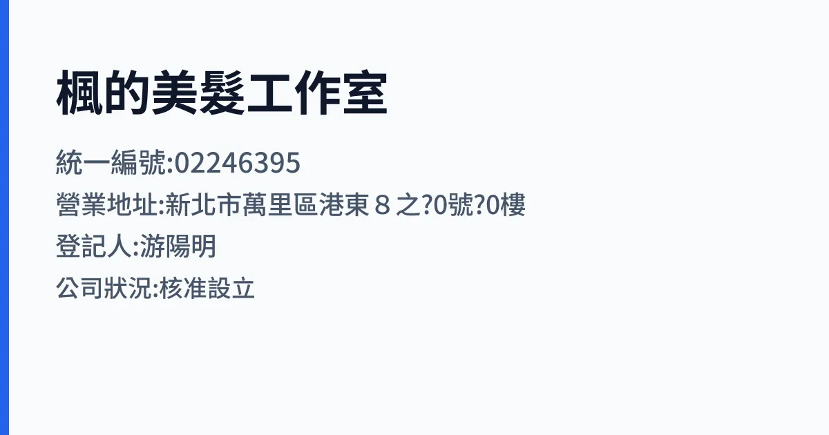 楓的美髮工作室 - 統編 02246395(新北市) 公司登記資料與營業項目詳細圖表