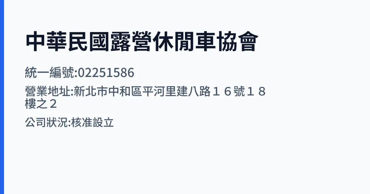 中華民國露營休閒車協會 - 統編 02251586(新北市) 公司登記資料與營業項目詳細圖表