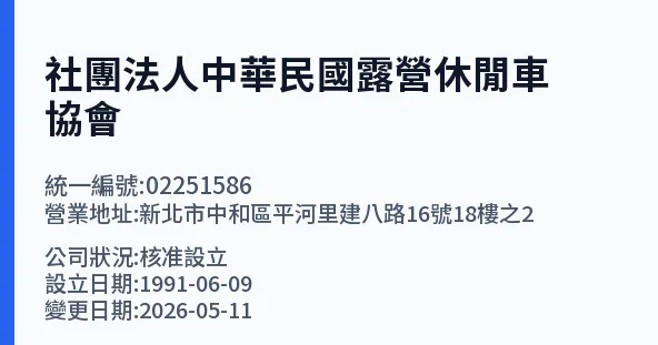 社團法人中華民國露營休閒車協會的照片-統編 02251586(新北市) 公司登記資料與營業項目詳細圖表