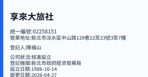 享來大旅社的照片-統編 02258151(新北市) 公司登記資料與營業項目詳細圖表