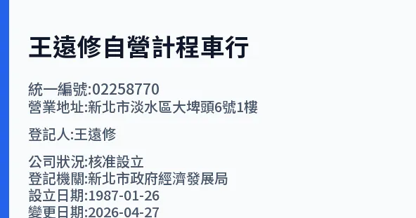 王遠修自營計程車行的照片-統編 02258770(新北市) 公司登記資料與營業項目詳細圖表