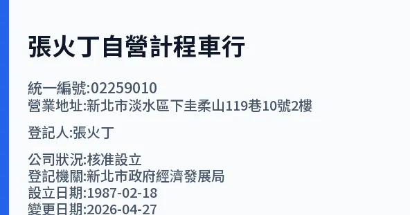 張火丁自營計程車行的照片-統編 02259010(新北市) 公司登記資料與營業項目詳細圖表