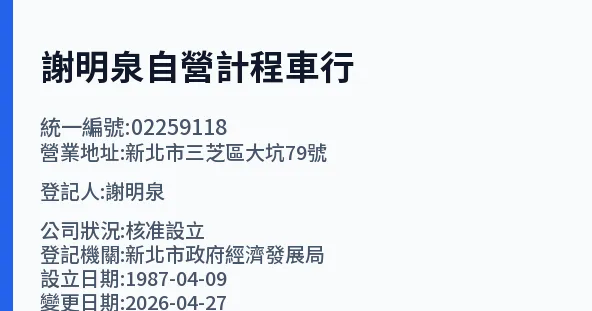謝明泉自營計程車行的照片-統編 02259118(新北市) 公司登記資料與營業項目詳細圖表