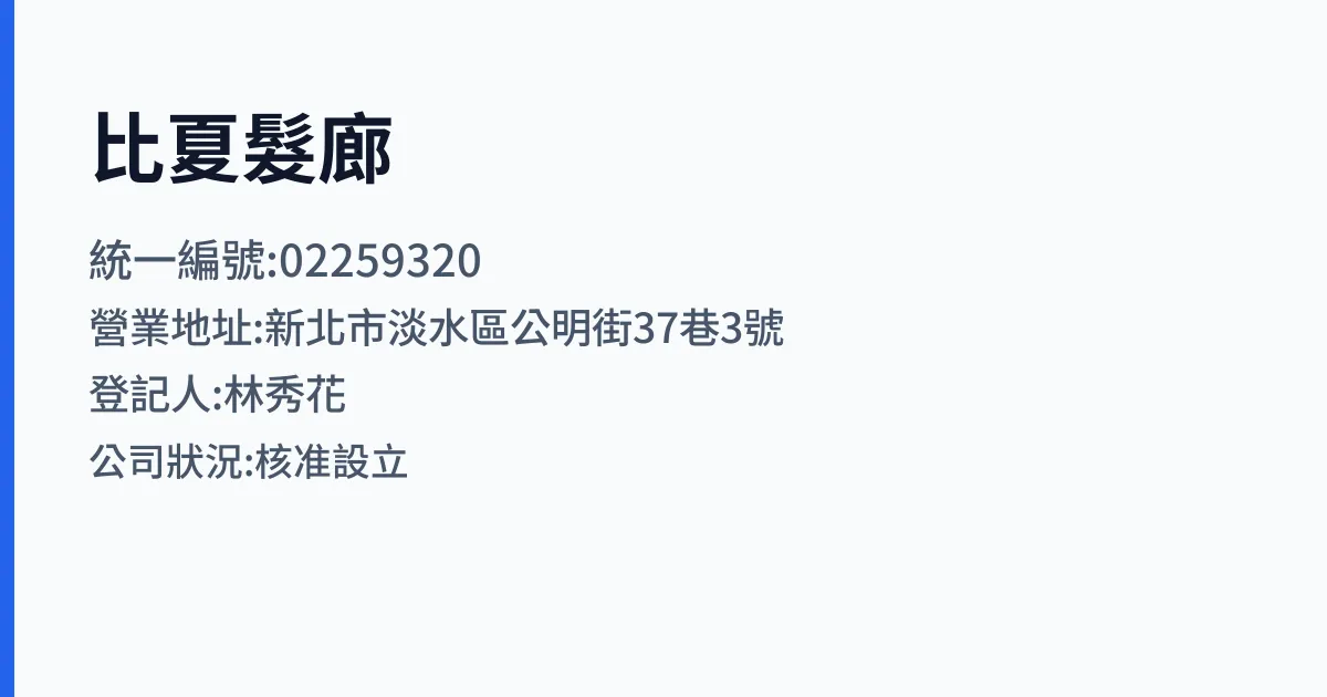 比夏髮廊 - 統編 02259320(新北市) 公司登記資料與營業項目詳細圖表