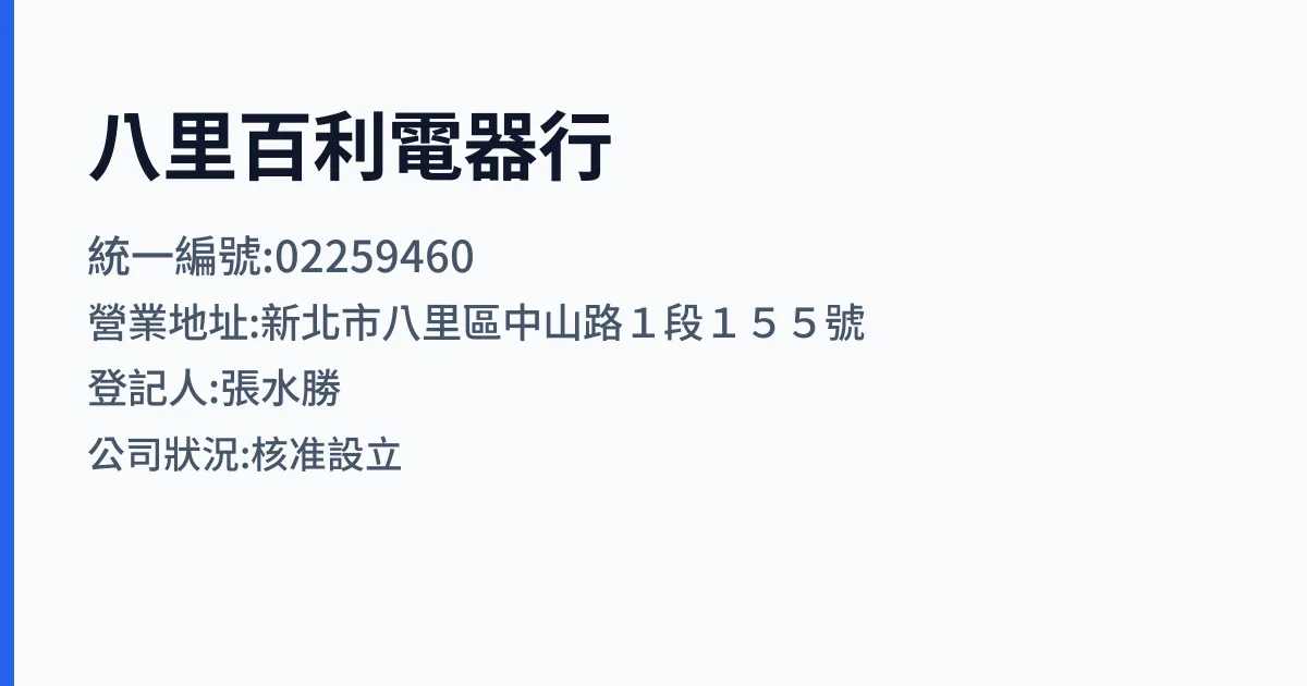 八里百利電器行 - 統編 02259460(新北市) 公司登記資料與營業項目詳細圖表