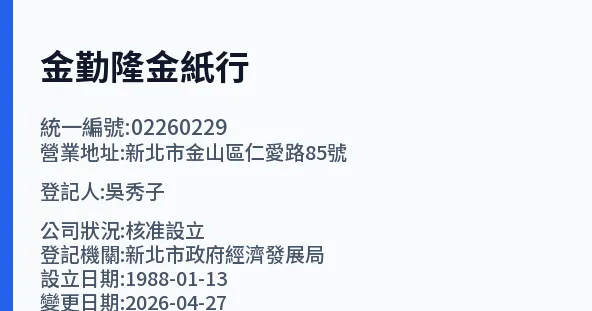 金勤隆金紙行的照片-統編 02260229(新北市) 公司登記資料與營業項目詳細圖表