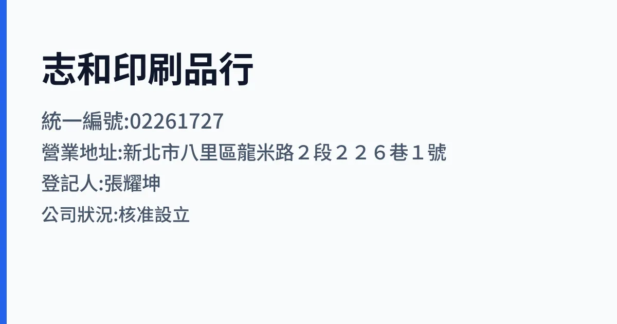 志和印刷品行 - 統編 02261727(新北市) 公司登記資料與營業項目詳細圖表