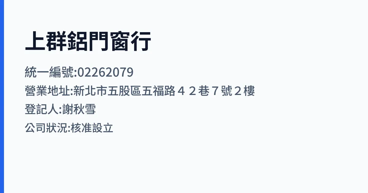 上群鋁門窗行 - 統編 02262079(新北市) 公司登記資料與營業項目詳細圖表