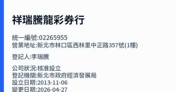 祥瑞騰龍彩券行的照片-統編 02265955(新北市) 公司登記資料與營業項目詳細圖表