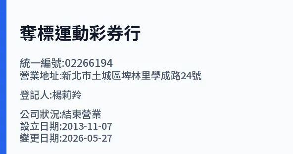 奪標運動彩券行的照片-統編 02266194(新北市) 公司登記資料與營業項目詳細圖表