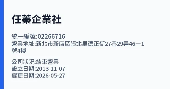 任蓁企業社的照片-統編 02266716(新北市) 公司登記資料與營業項目詳細圖表